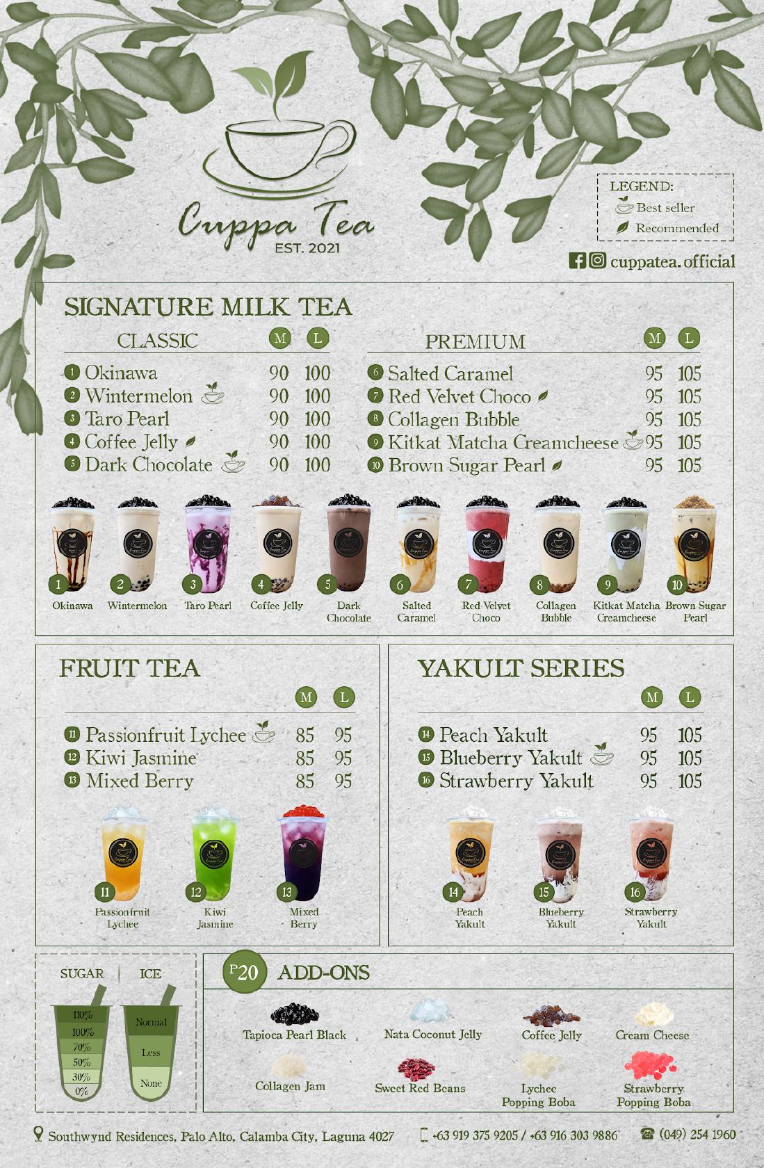 Menu at Cuppa Tea restaurant, Calamba