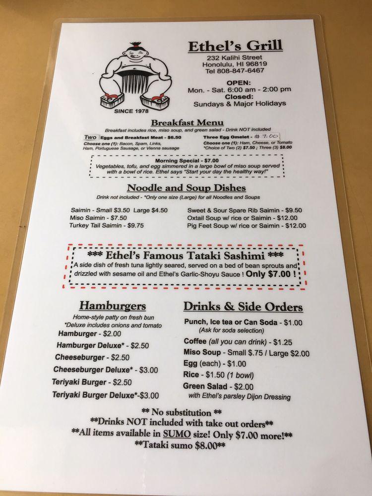 Menu at Ethel's Grill restaurant, Honolulu