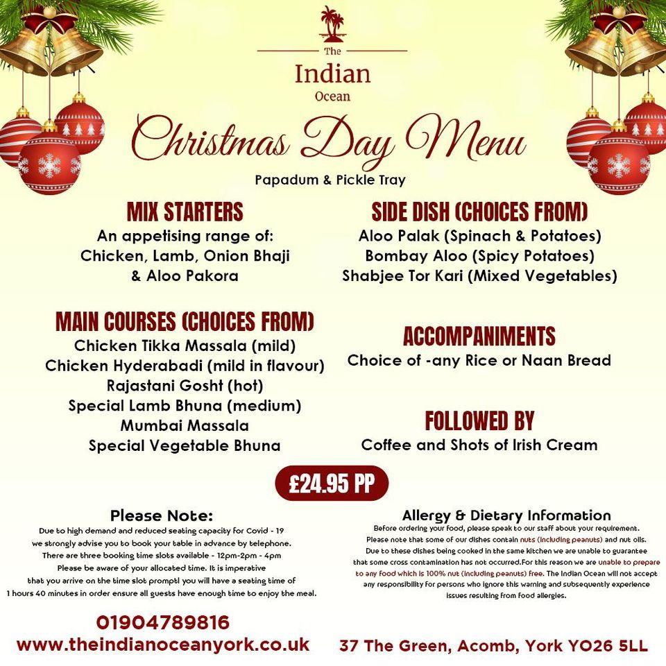 Menu at Indian Ocean restaurant, York