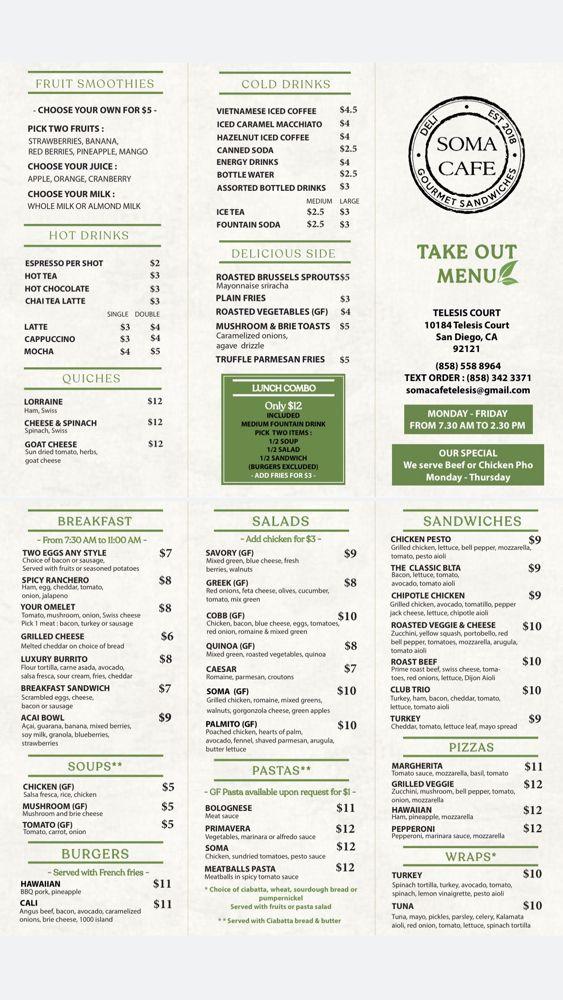 Menu at Soma Cafe & Deli, San Diego, Telesis Ct