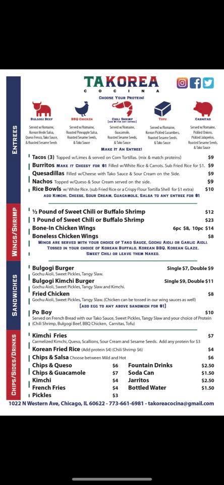 Menu at Takorea Cocina restaurant, Chicago