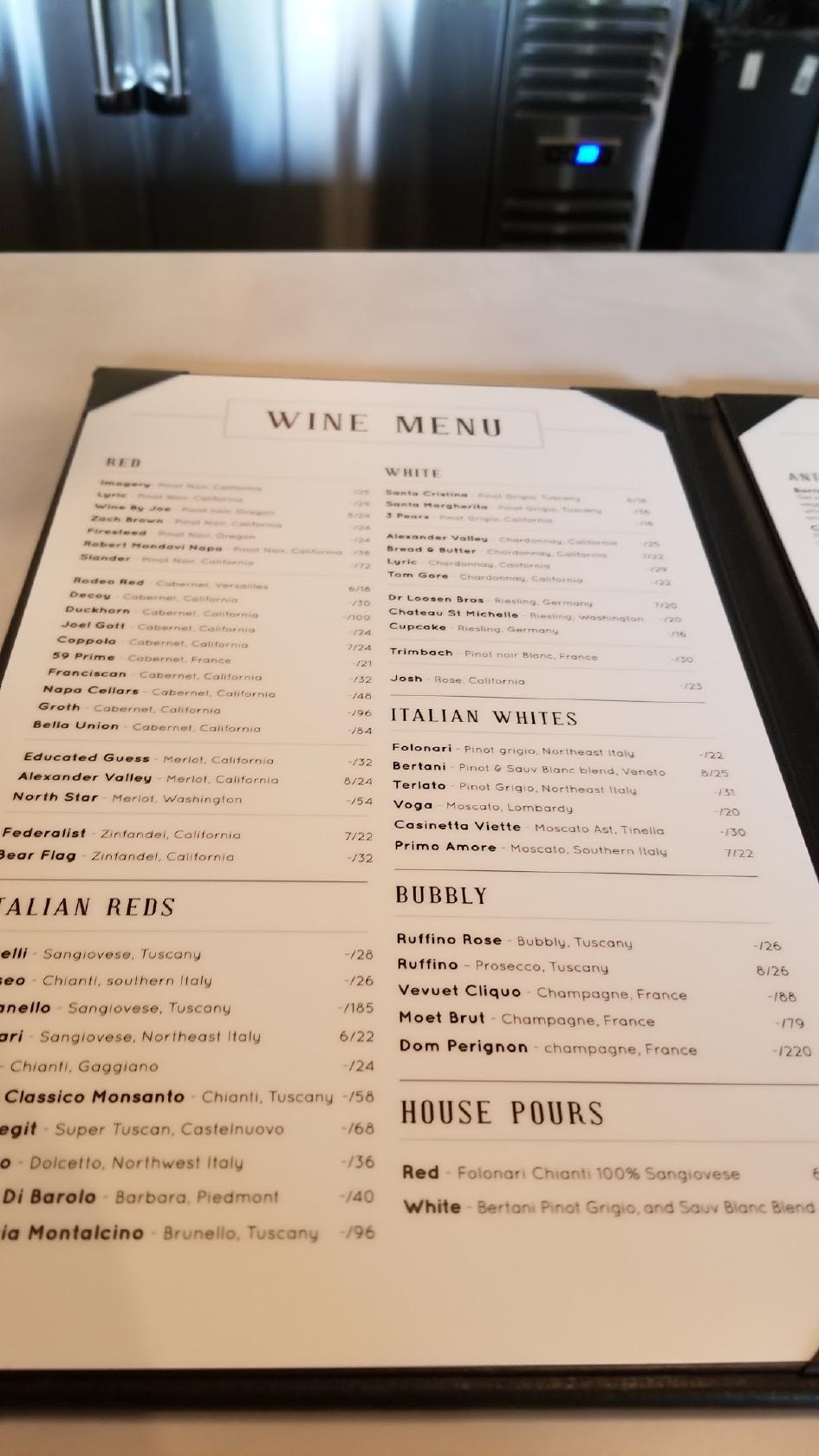 Menu at Tavolo Modern Italian restaurant, Sidney