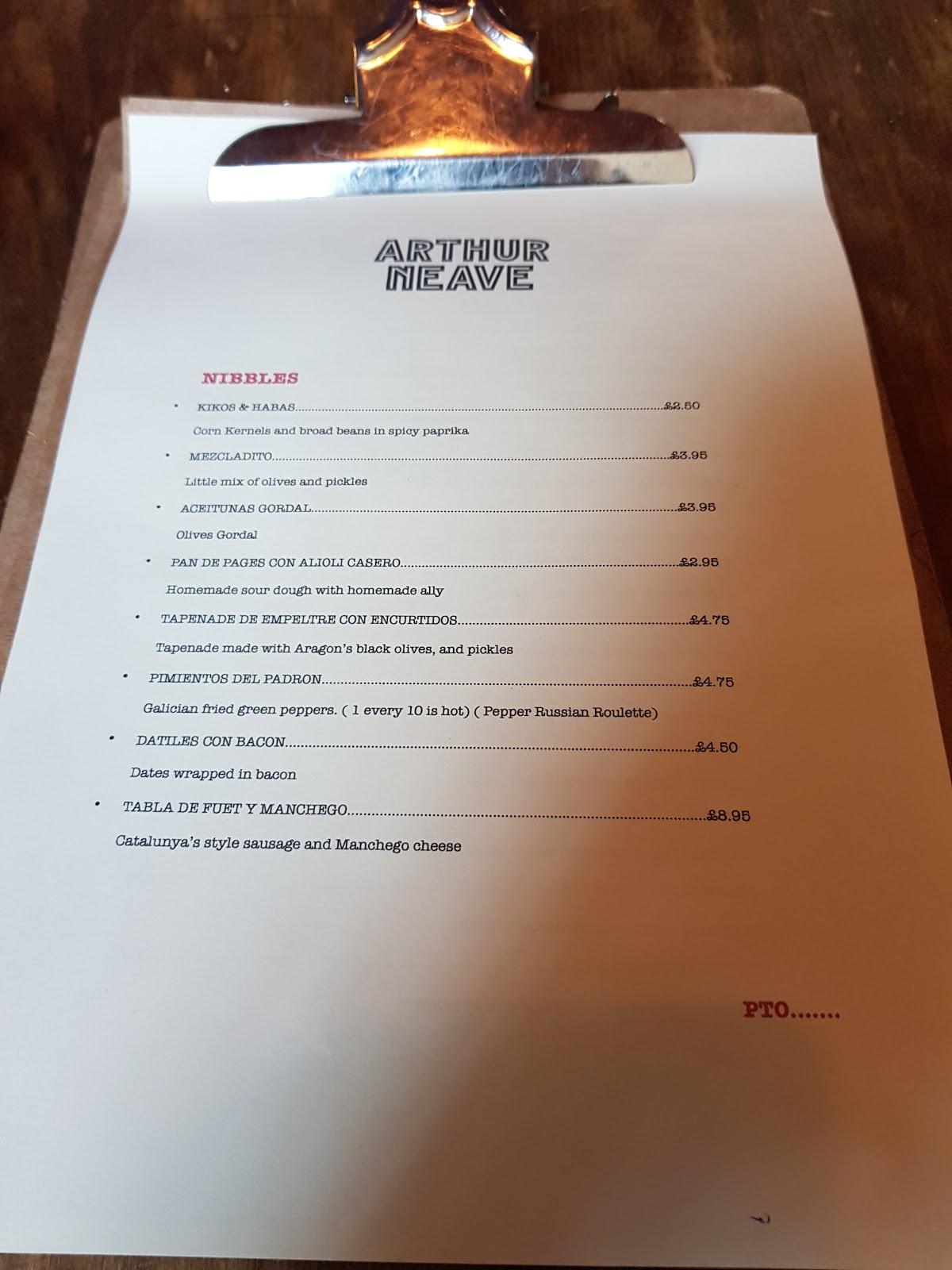 Carta del café Arthur Neave, Swansea