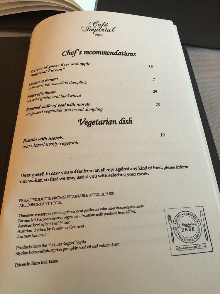 Speisekarte von Café Imperial cafe, Wien