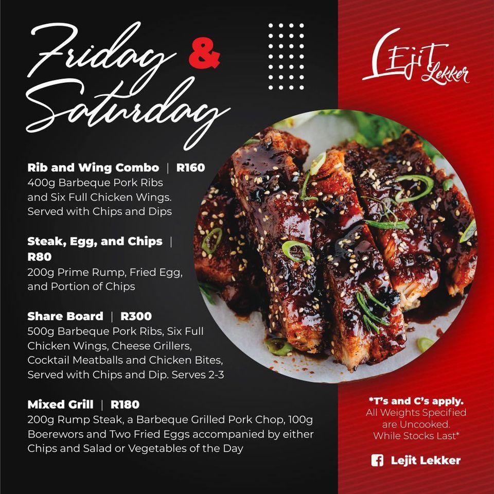 Menu at LEjiT Lekker Restaurant, Bloemfontein, General Hertzog St