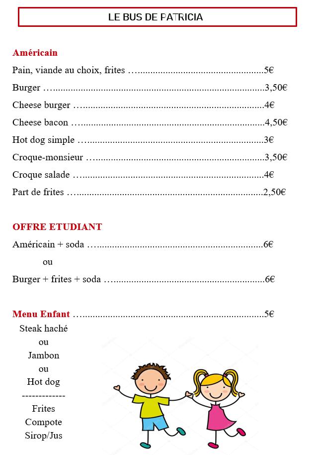 Menu at Le bus de Patricia restaurant, Marguerittes