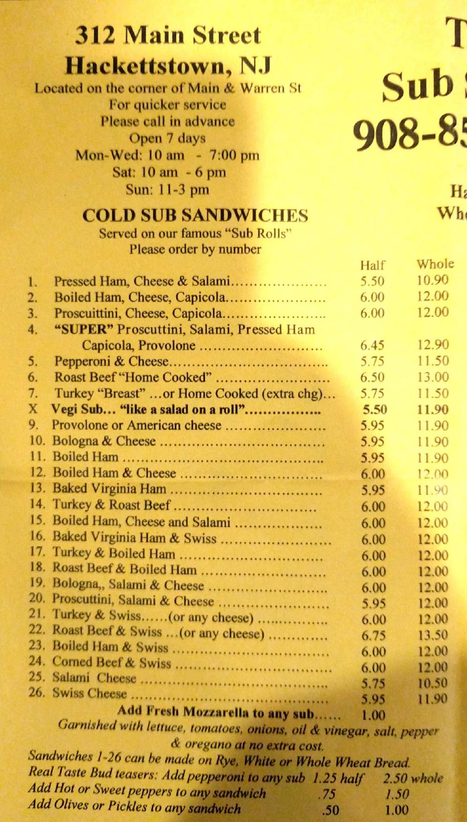 Menu at Sub Shack & Deli restaurant, Hackettstown