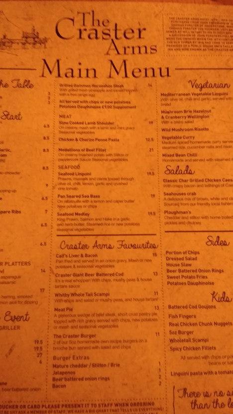 Menu at The Craster Arms restaurant, Beadnell