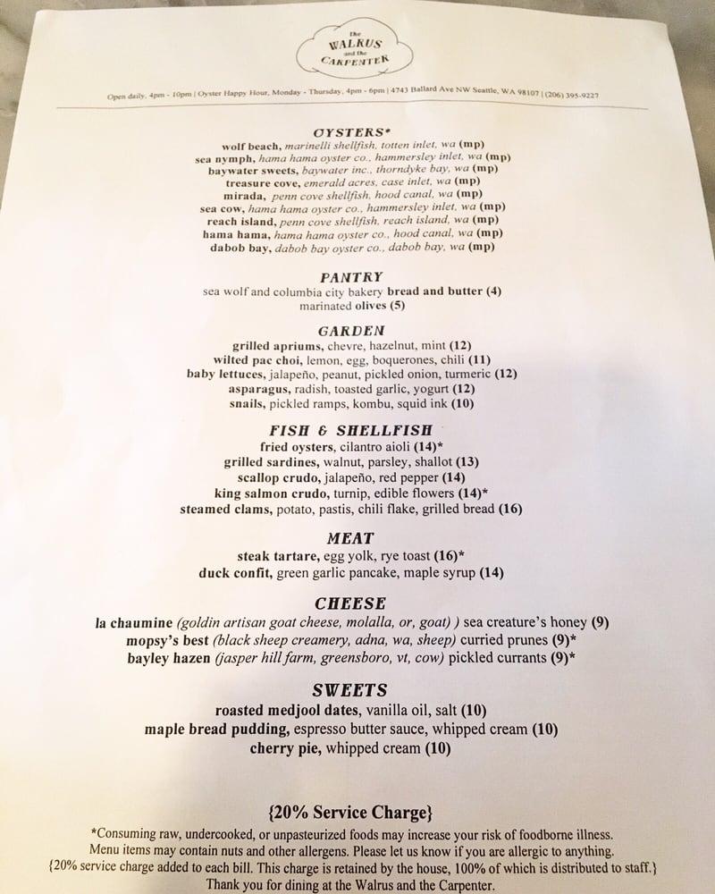 Menu at The Walrus and the Carpenter restaurant, Seattle