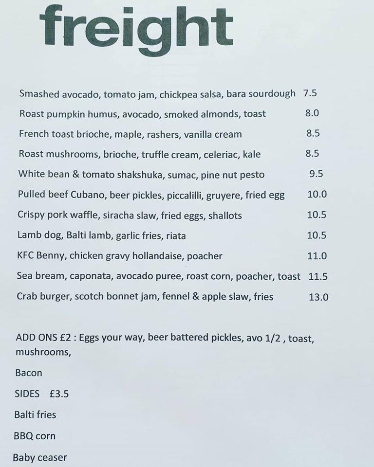 Menu at Freight cafe, Belfast, 402 Newtonards Road