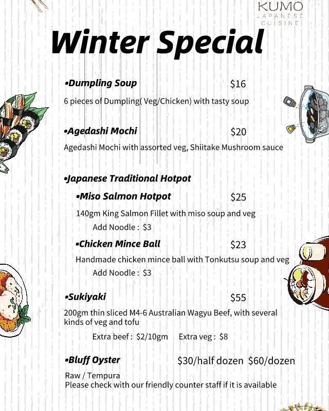 Carta del restaurante KUMO Japanese Cuisine, Christchurch