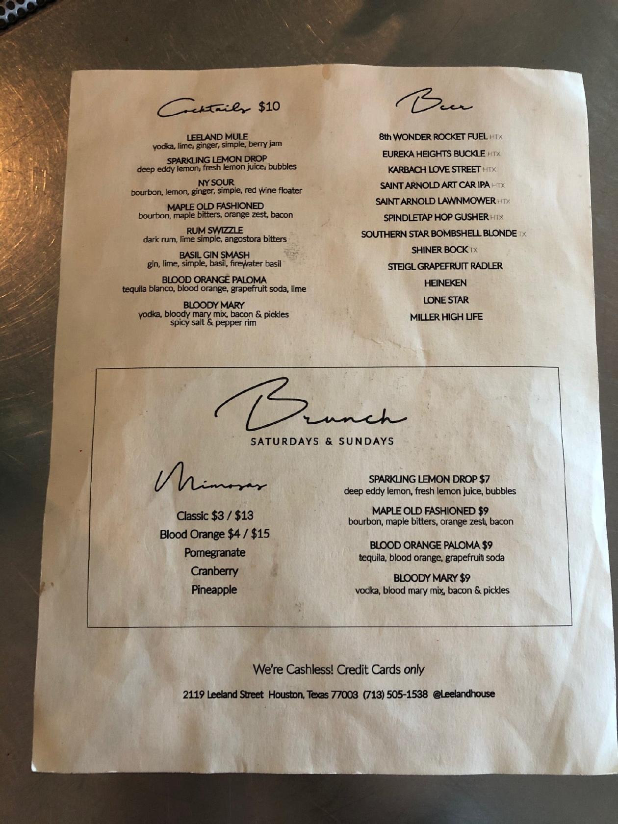 Menu at Leeland House pub & bar, Houston