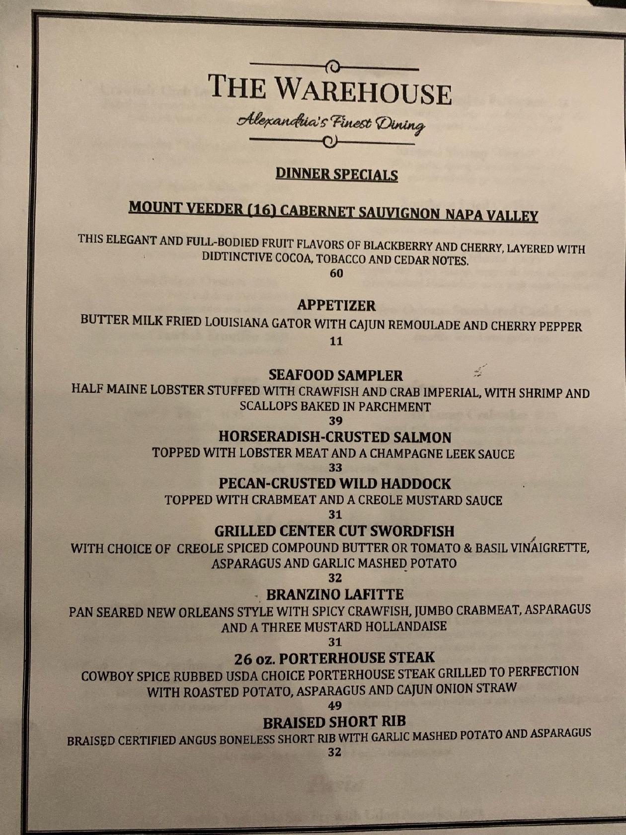 Menu at The Warehouse steakhouse, Alexandria, 214 King St