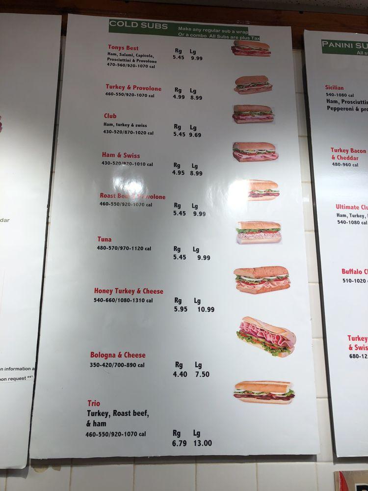 Menu at Tony's Subs restaurant, Irvington