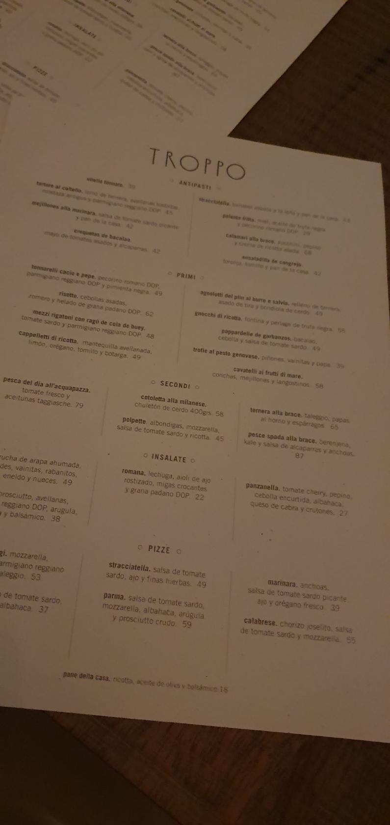 Carta de Troppo Restaurante, Lima
