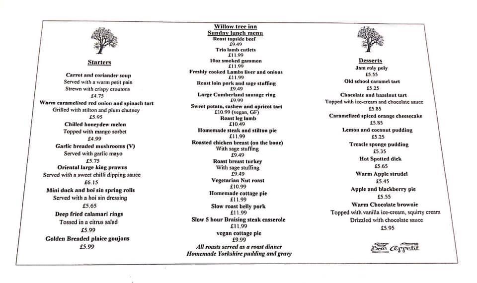 Menu at Willow Tree Inn restaurant, Nottingham