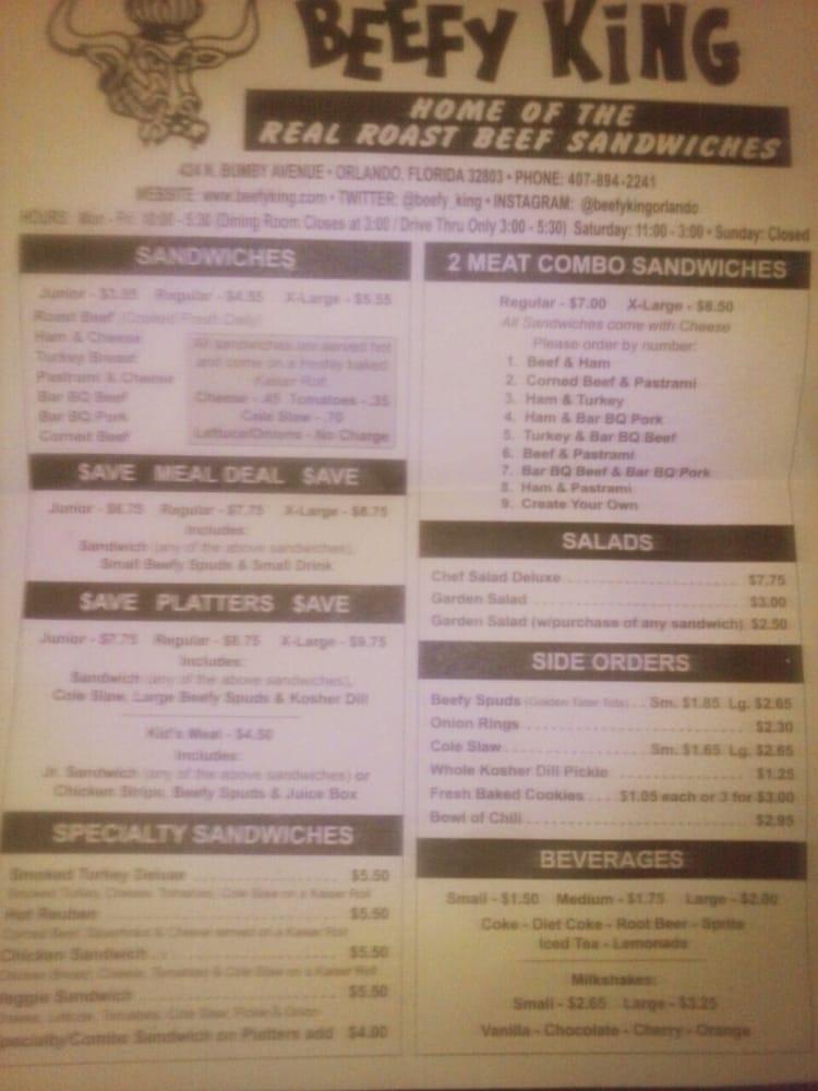 Menu at Beefy King fast food, Orlando