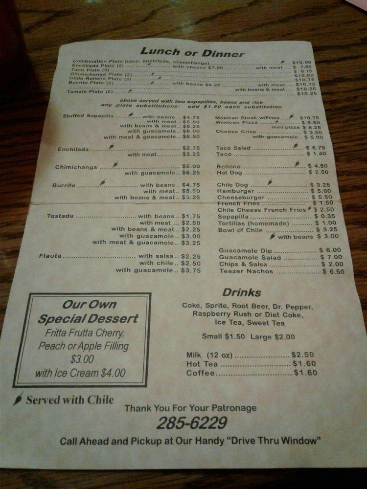 Menu at El Cafecito, Grants