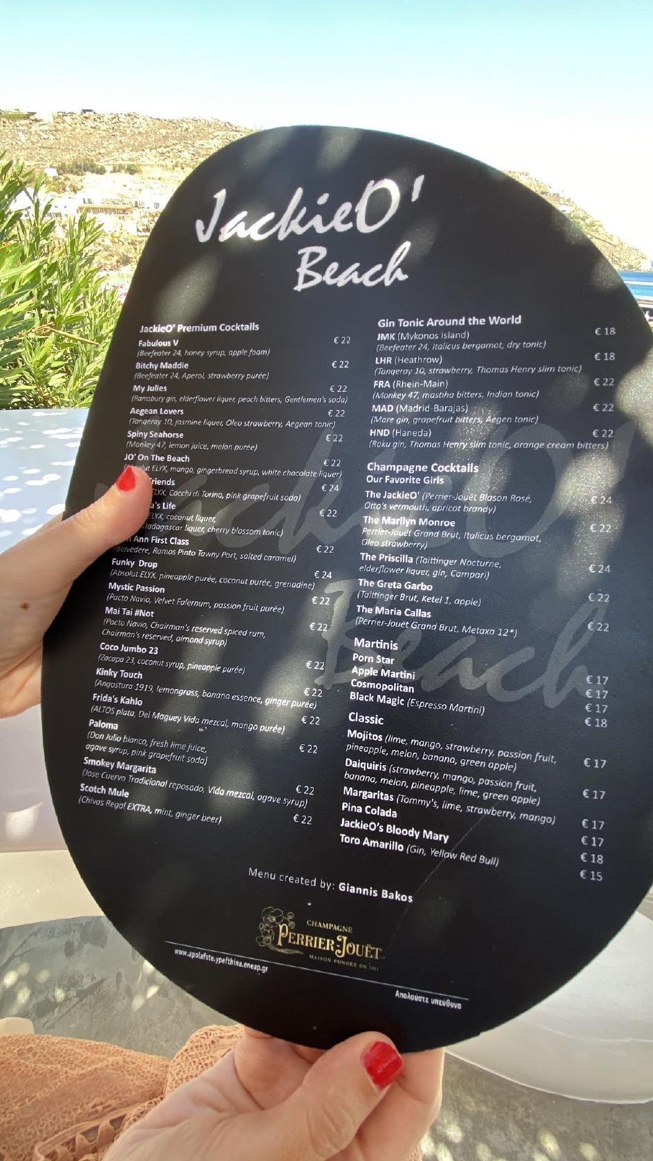 Menu at Jackie O’ Beach, Mikonos