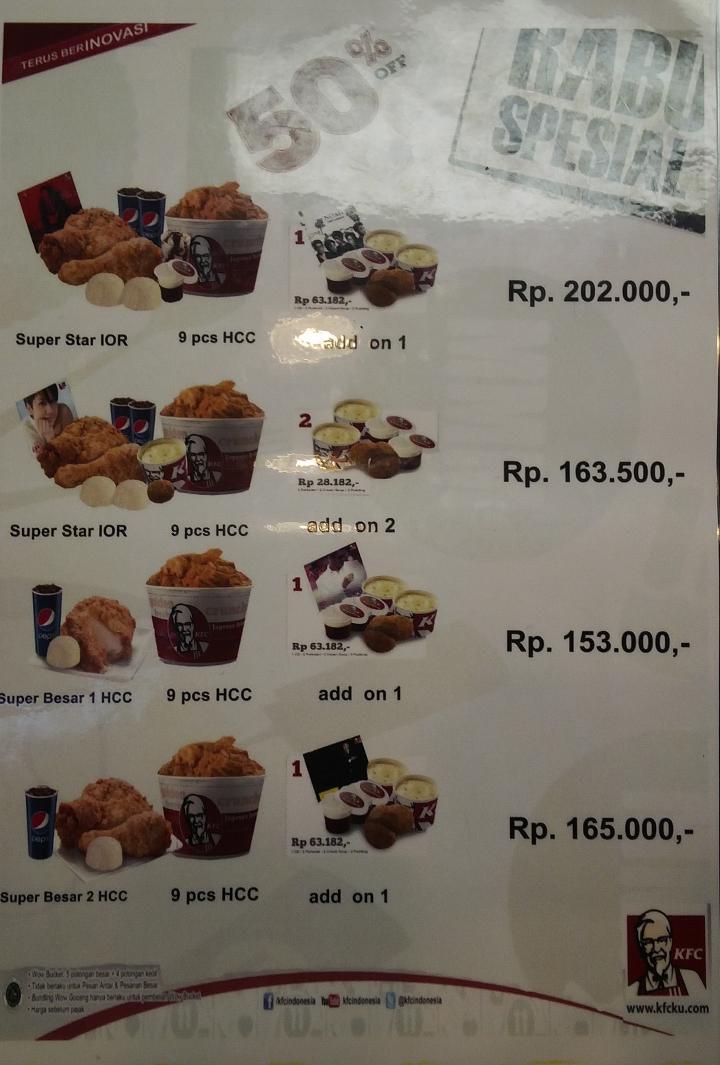 Carta del restaurante KFC, Bandung, Festival Citylink