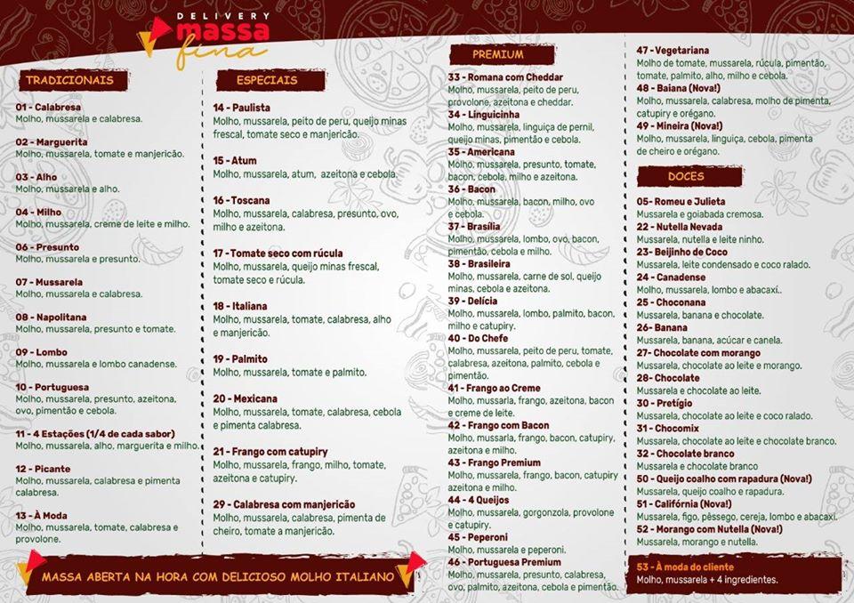 Menu at Massa Fina pizzeria, Guará