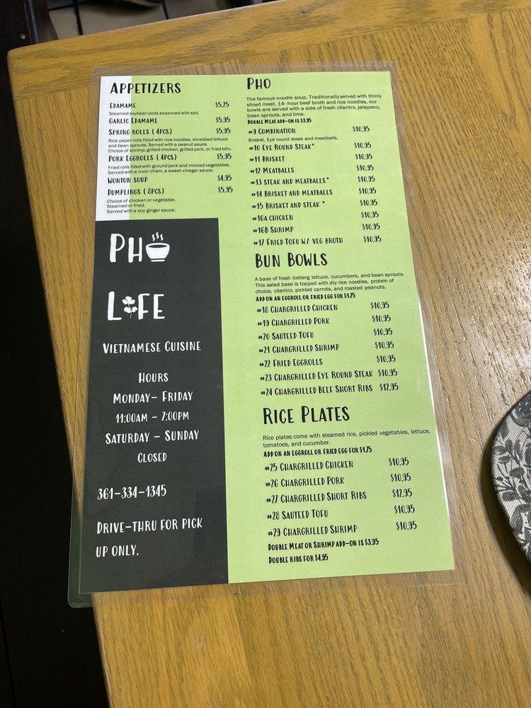Menu at Pho Life restaurant, Corpus Christi
