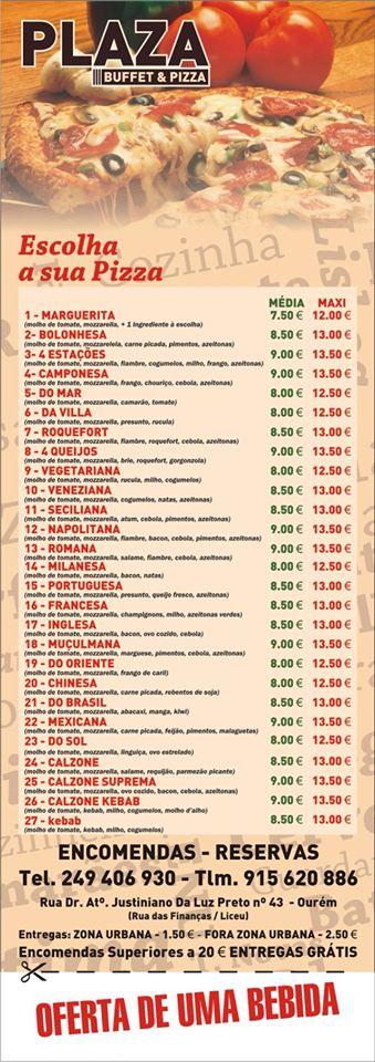 Menu at Plaza restaurant, Ourém