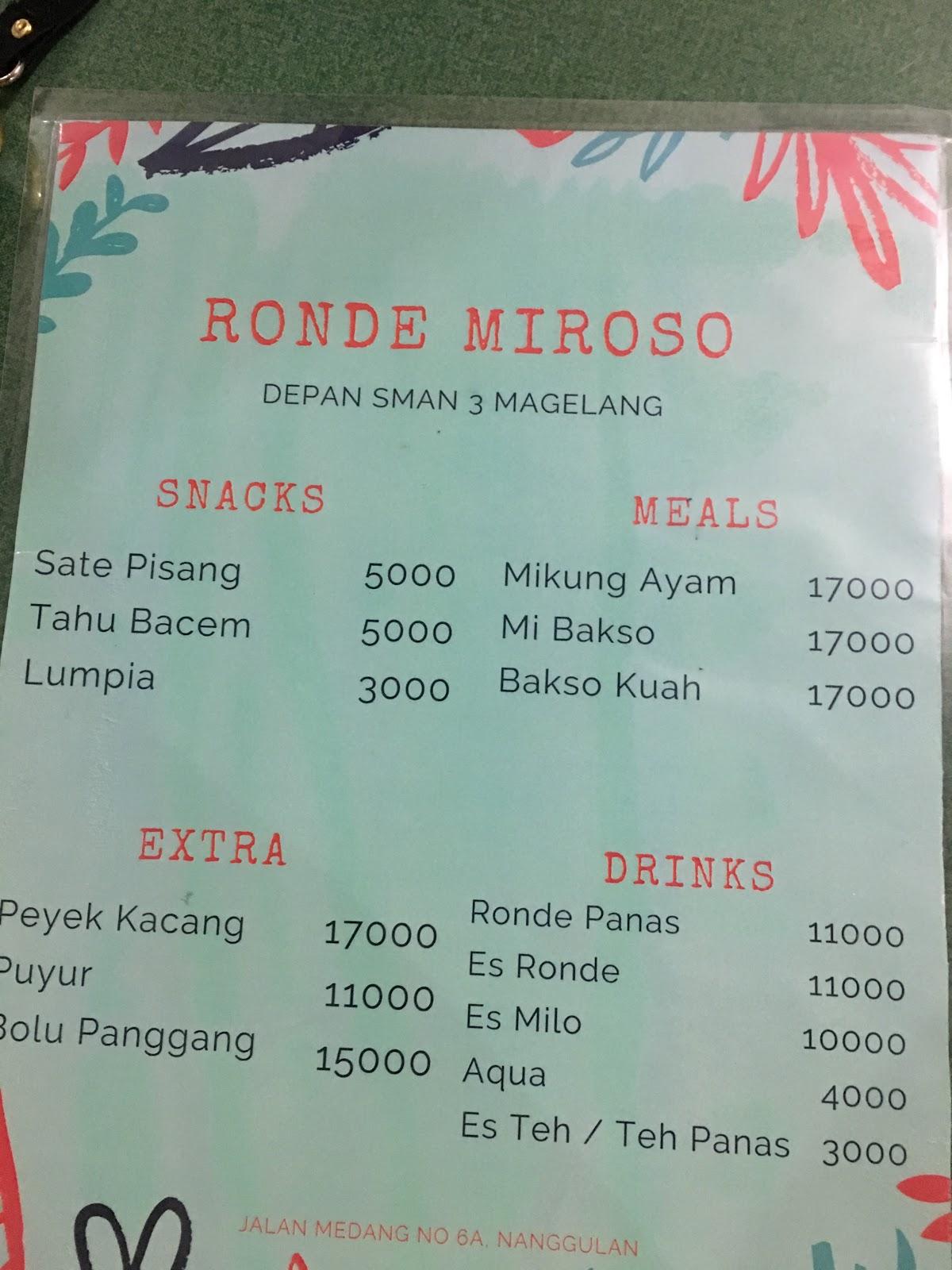 Menu at Ronde Miroso restaurant, Magelang