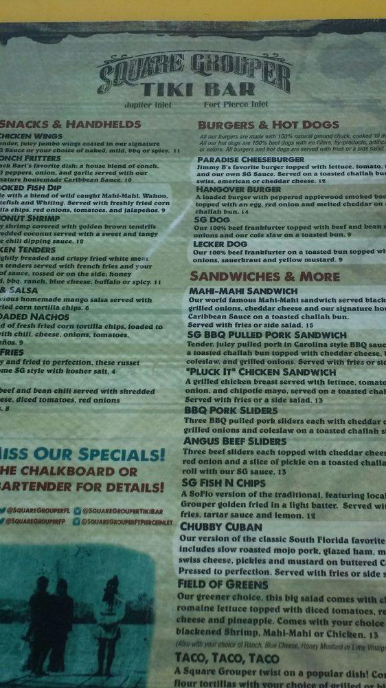 Menu at Square Grouper Tiki Bar Ft Pierce Inlet, Fort Pierce
