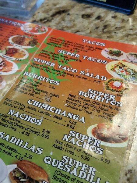 Menu at Super Taco Mexican Restaurants, Elk Grove, Laguna Blvd UNIT 90