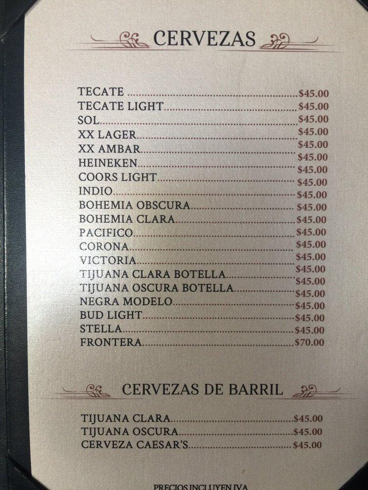 Menu at Caesar's pub & bar, Tijuana, Av. Revolución 8190