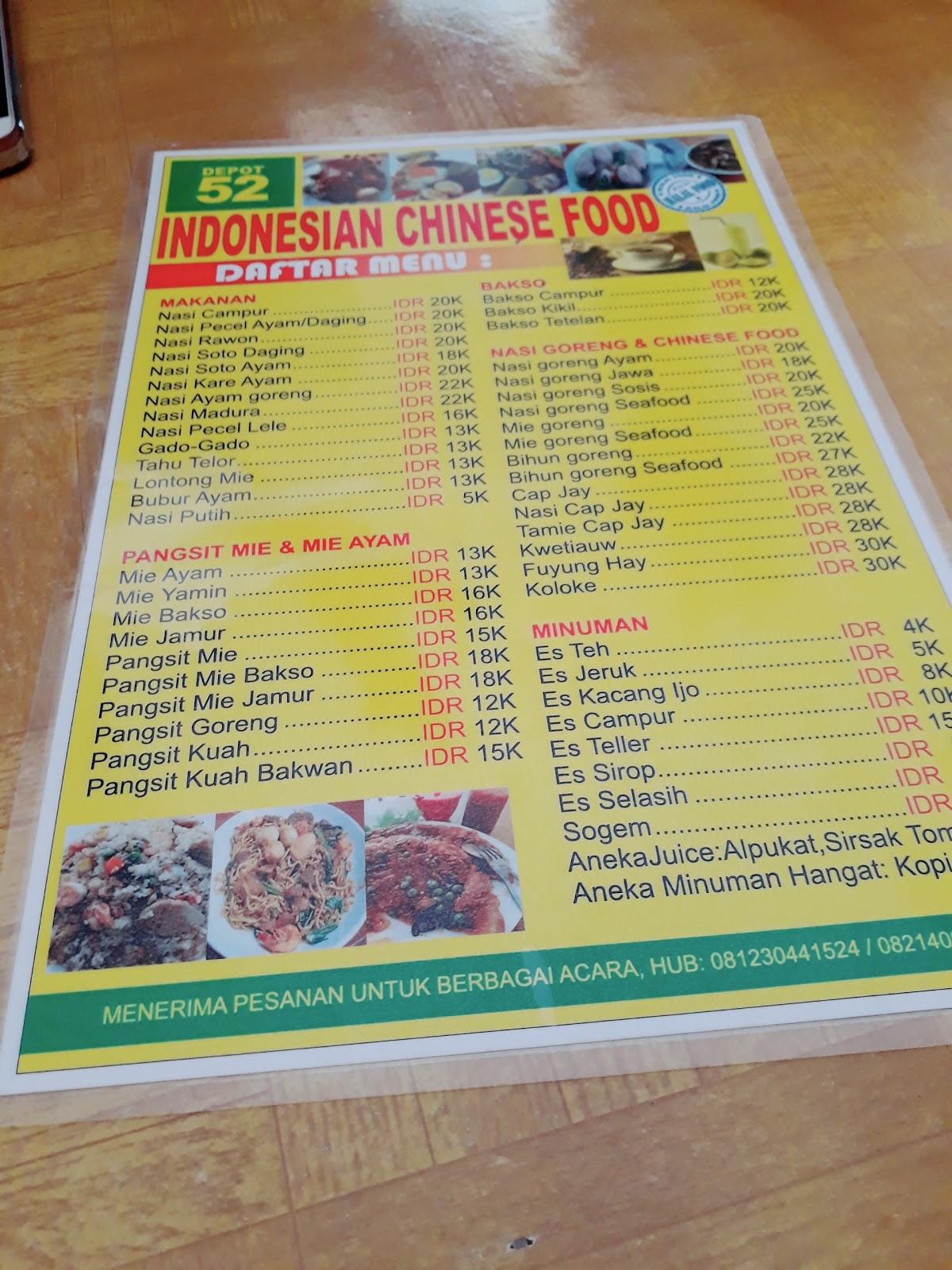 Menu at Depot 52 restaurant, Indonesia