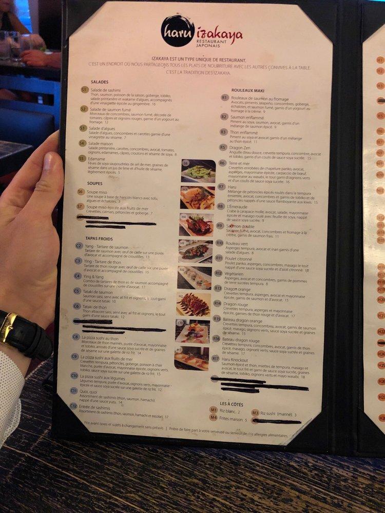 Menu at Haru Izakaya restaurant, Gatineau