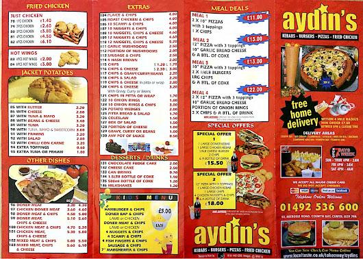 Menu at Aydin's Eatery fast food, Colwyn Bay