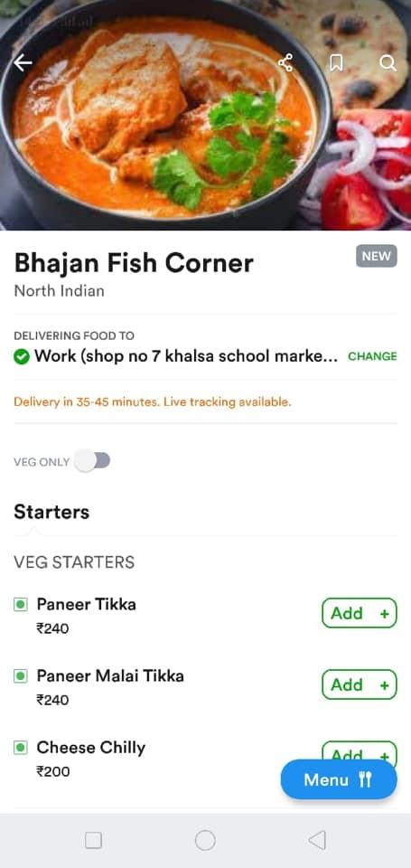 Menu at Bhajan fish corner, Jalandhar, Khalsa school markit