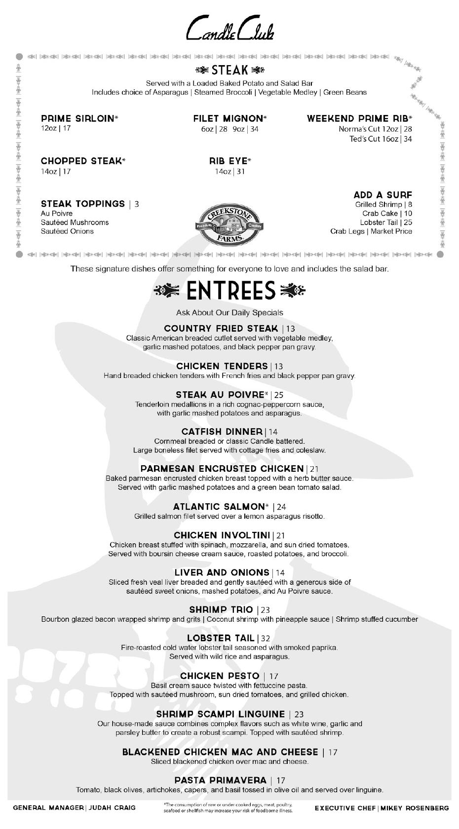 Menu at Candle Club, Wichita