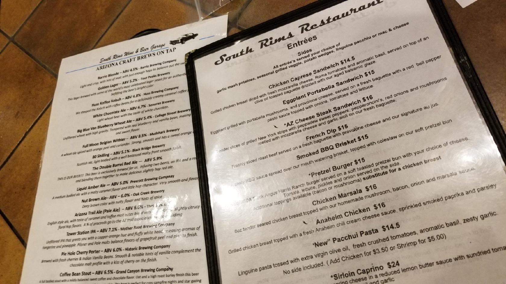 Menu at South Rims Wine & Beer Garage pub & bar, Williams