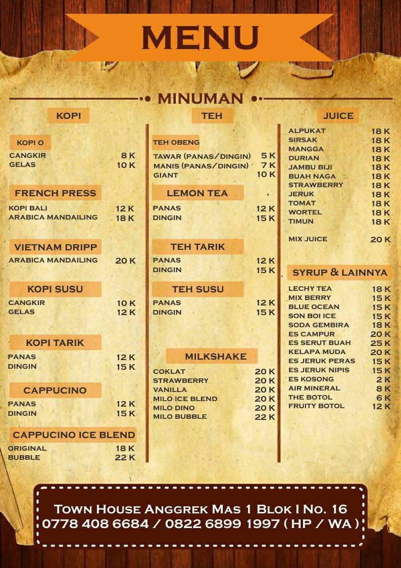 Menu at The Town House restaurant, Batam