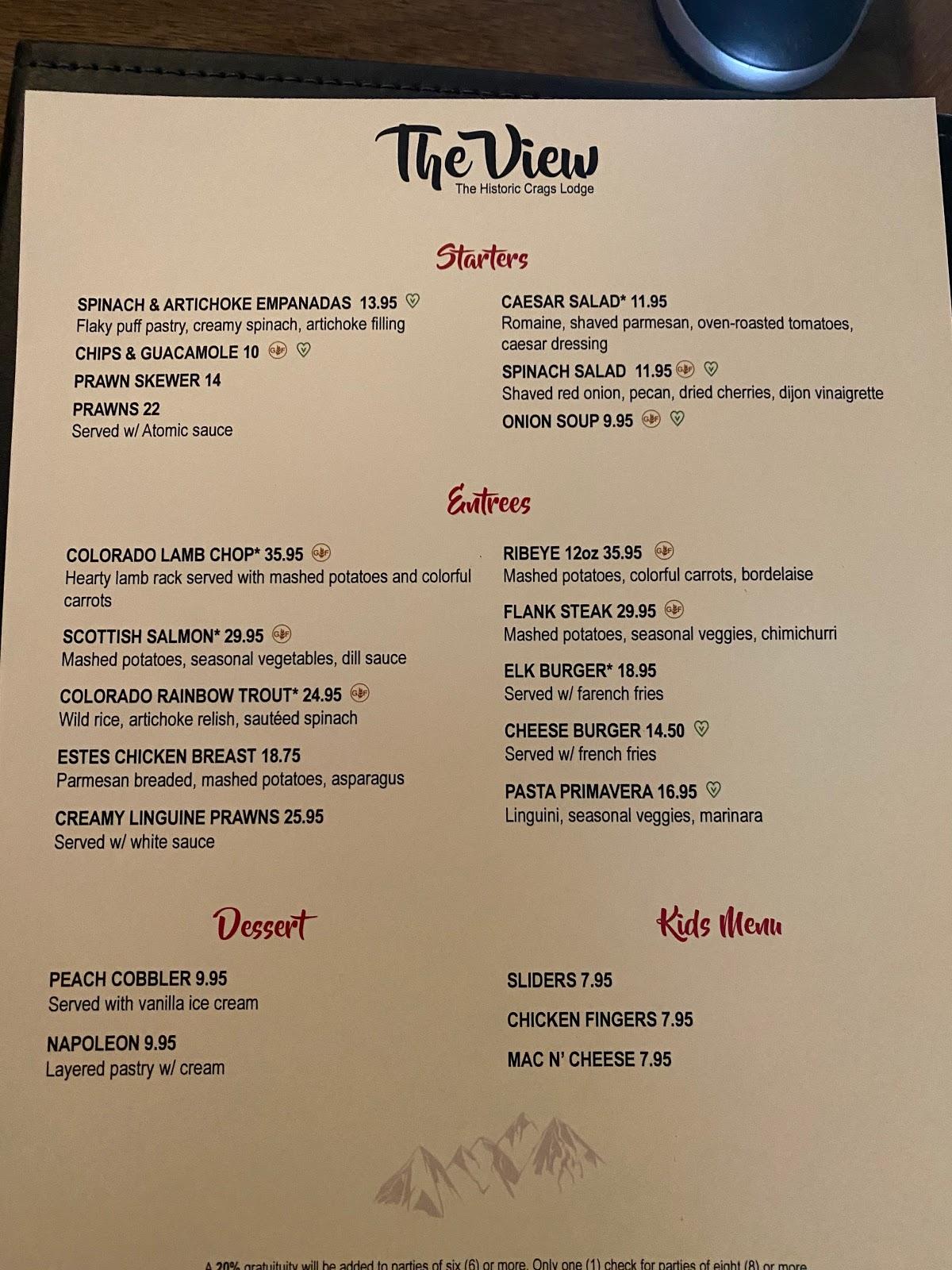 Menu at The View Restaurant, Estes Park