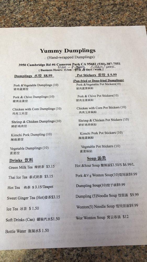 Menu at Yummy Dumplings restaurant, Cameron Park