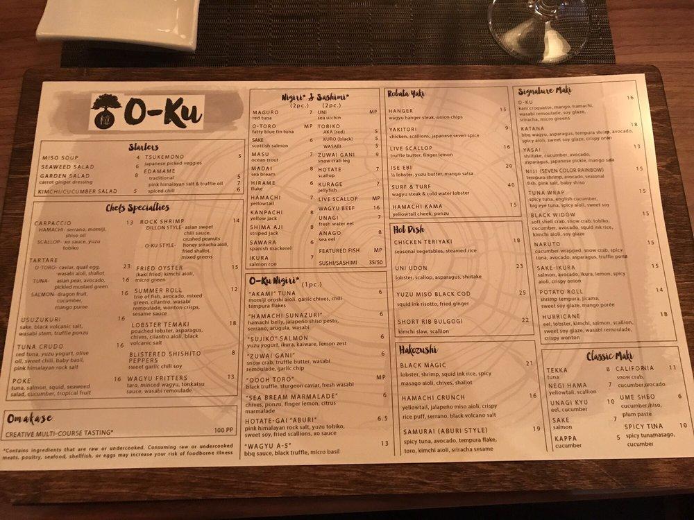 Menu at O-Ku restaurant, Raleigh