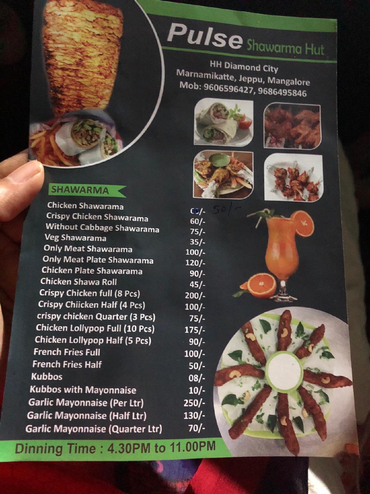 Menu at Pulse Shawarma Hut, Mangaluru