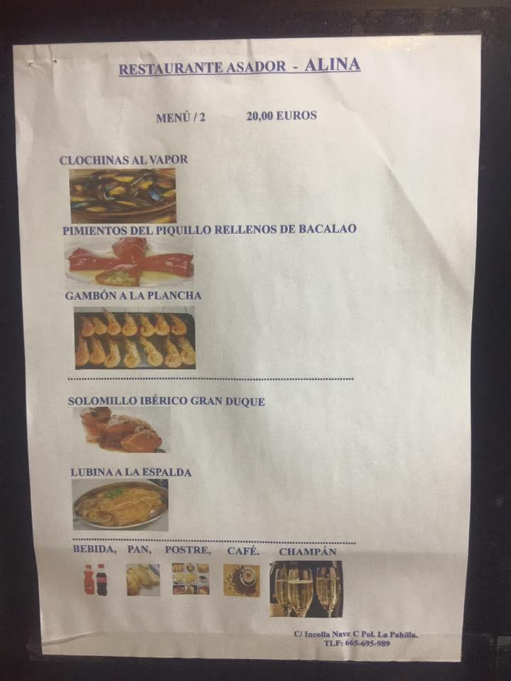 Carta de Restaurante Alina, Chiva