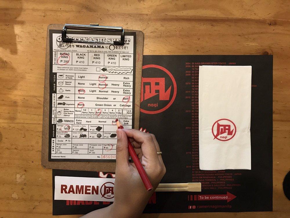 Menu at Ramen Nagi restaurant, Quezon City, 1115 Epifanio de los Santos Ave