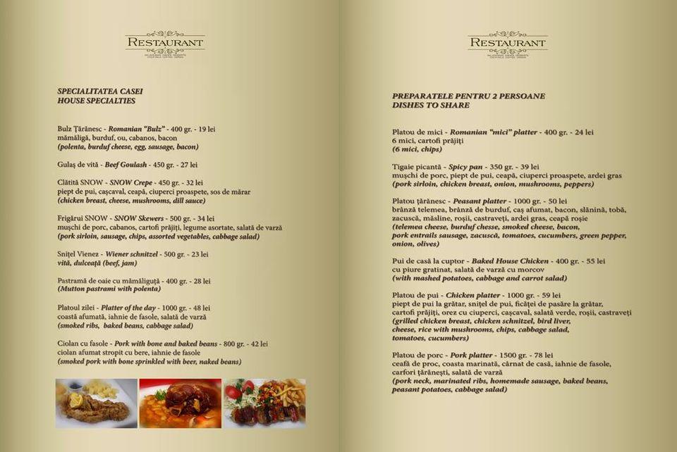 Menu at Snow Restaurant, Sinaia