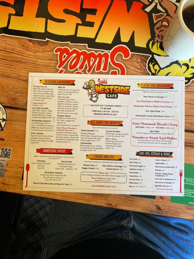 Menu at Susie's Westside Café cafe, Colorado Springs