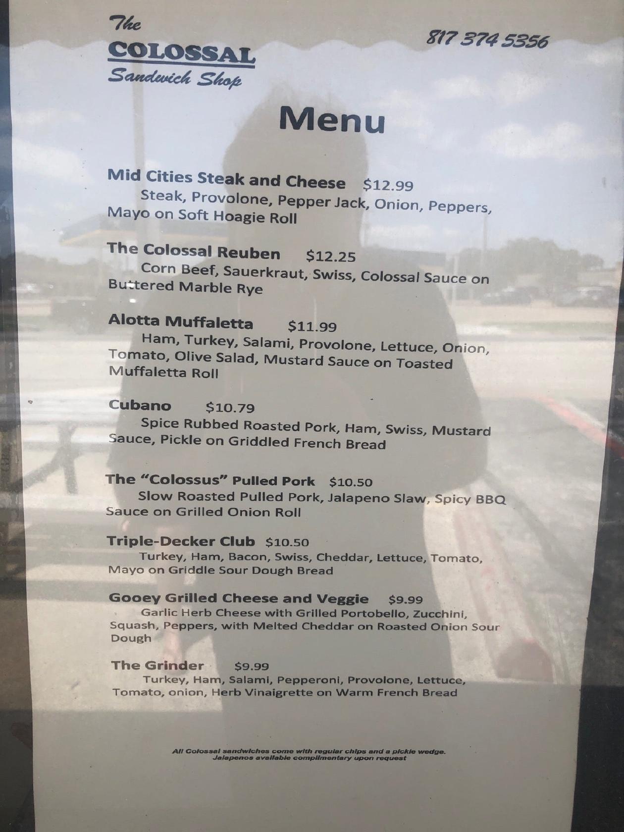 Menu at The Colossal Sandwich Shop, Bedford, Brown Trl