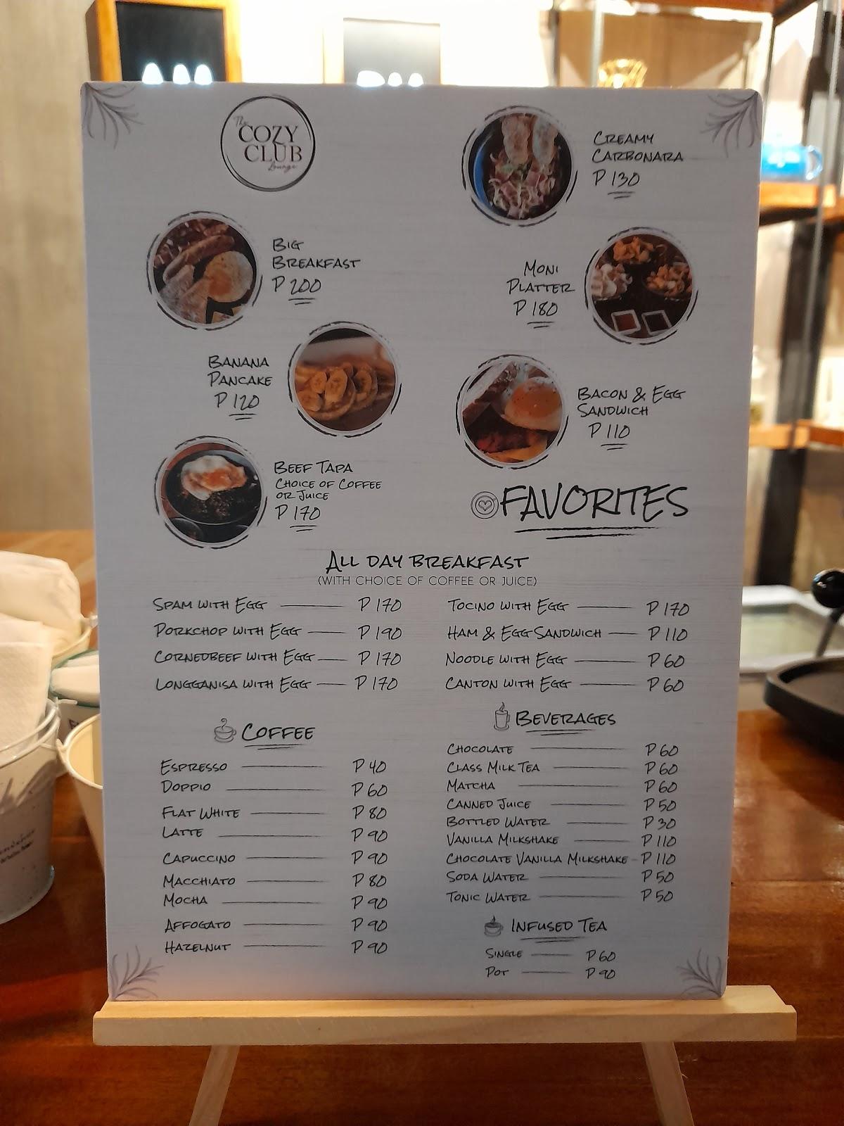 Menu at The Cozy Club Lounge, Panglao