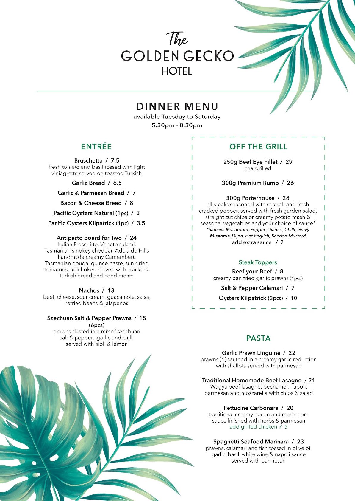 Menu at The Golden Gecko pub & bar, Mackay