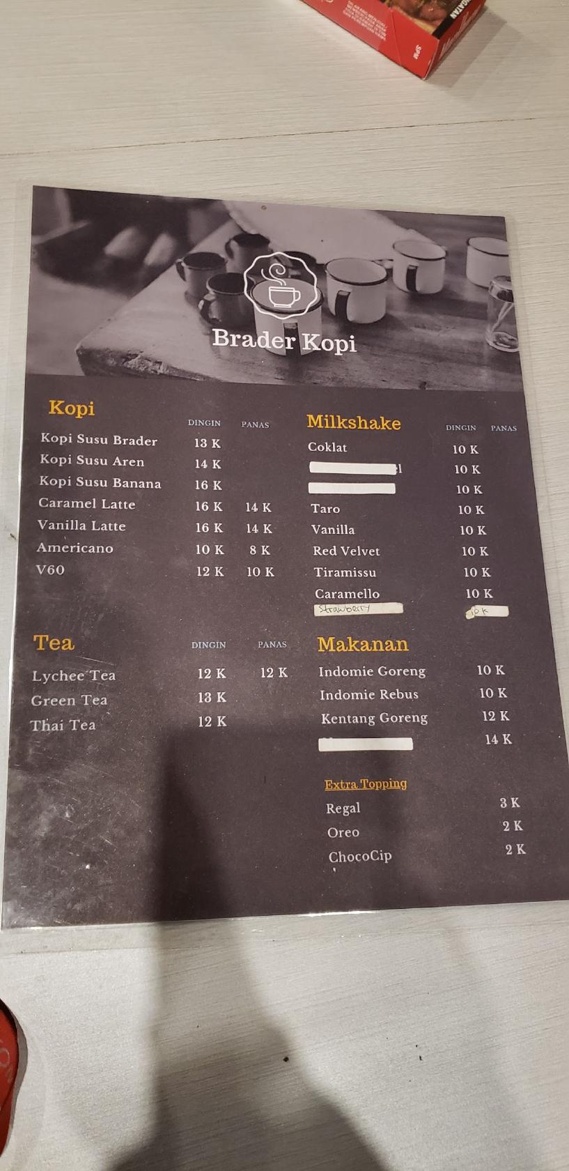 Menu at Coffee Bae pub & bar, Padang